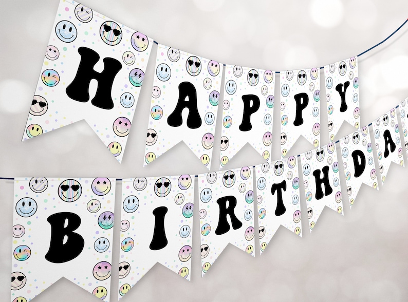 Editable Pastel Smiley Face Birthday Banner Template Girl's Rainbow ...