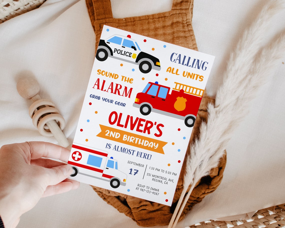 Editable Emergency Vehicles Birthday Invitation First Responders Party ...
