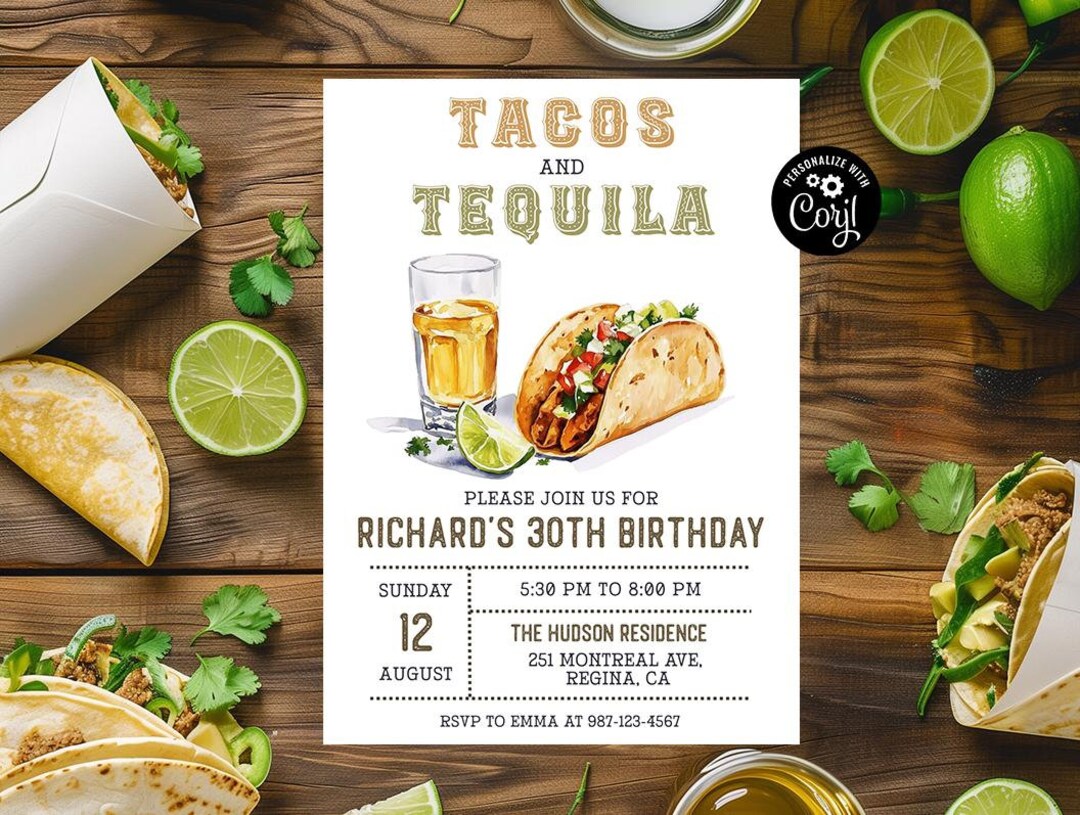 Tacos and Tequila Birthday Invitation Editable Adult Party Invite 30th ...