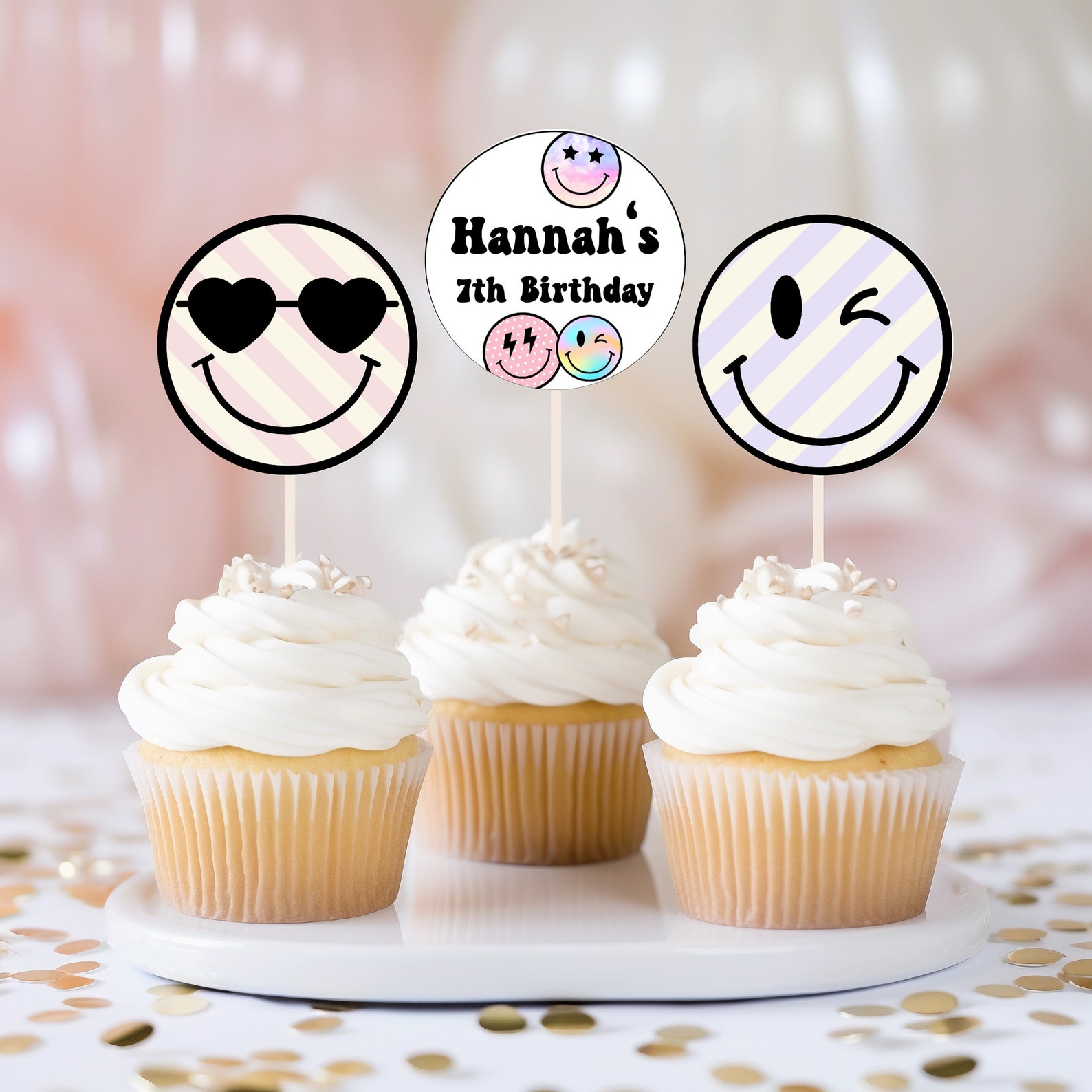 Editable Pastel Smiley Face Birthday Cupcake Topper Template Girl ...