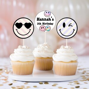 Editable Pastel Smiley Face Birthday Cupcake Topper Template Girl ...