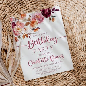 Fall Floral Birthday Party Invitation Boho Autumn Birthday Invite ...