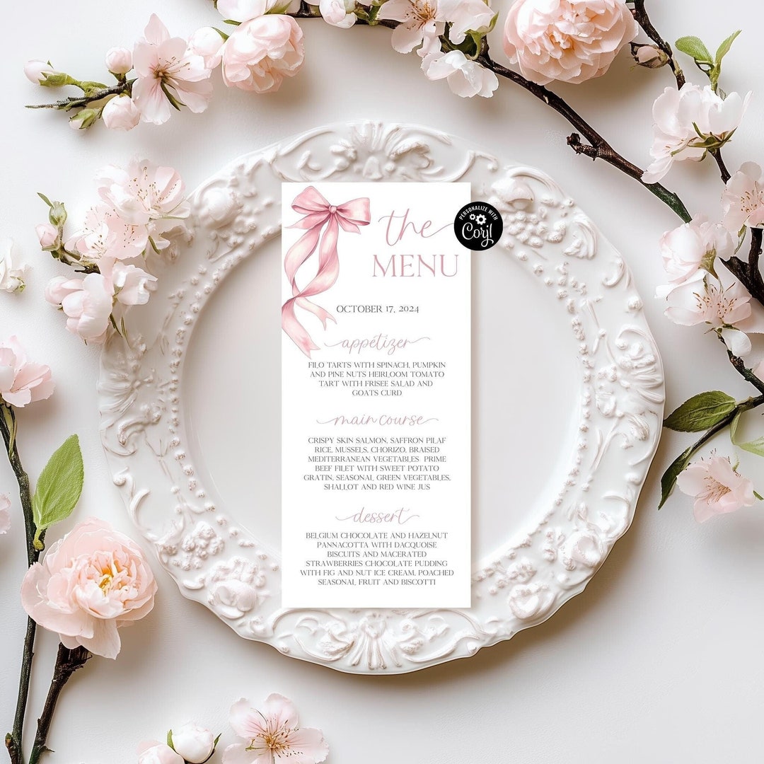 Pink Bow Menu Template Printable Pink Bow Baby Shower Menu Editable ...