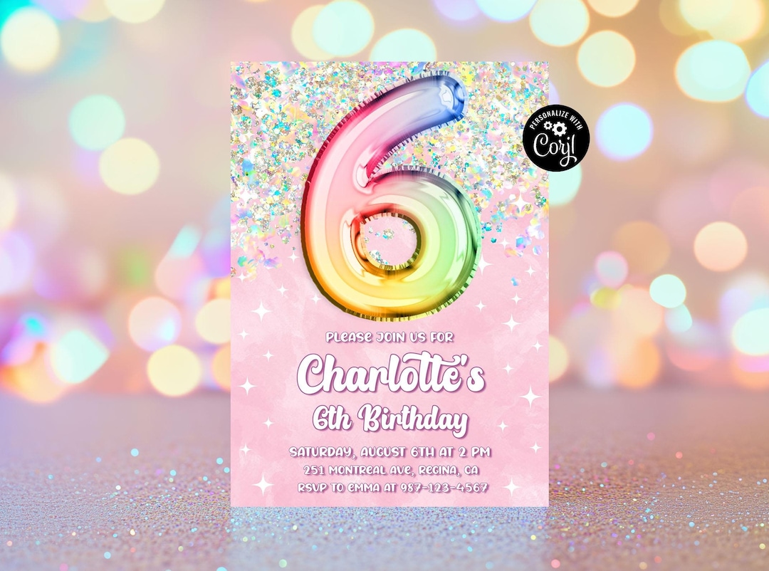Editable Pink 6th Birthday Invitation Template Glitter Birthday Party ...