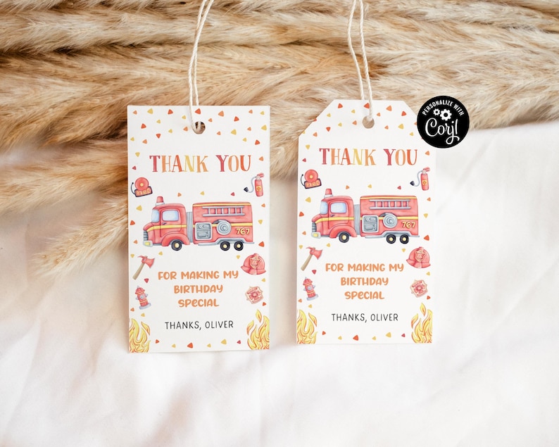Fire Truck Birthday Thank You Tag Firetruck Gift Tag Fire Engine Favour ...