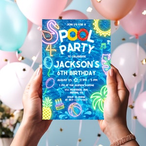 Editable Pool Party Invitation Glow Neon Invite Swimming Pool Birthday ...