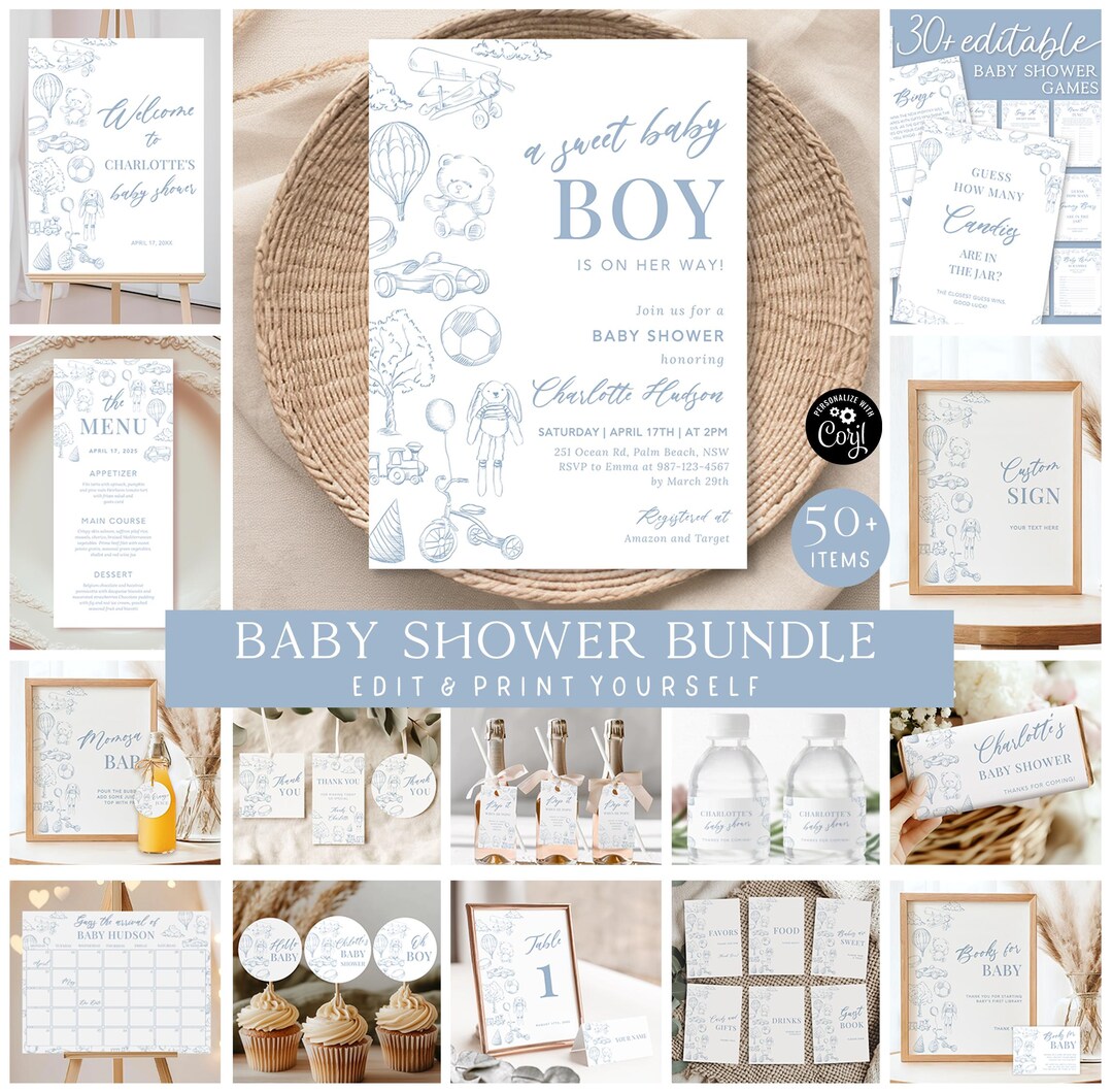 Blue Toile Baby Shower Bundle Template Toile De Jouy Baby Shower Suite ...