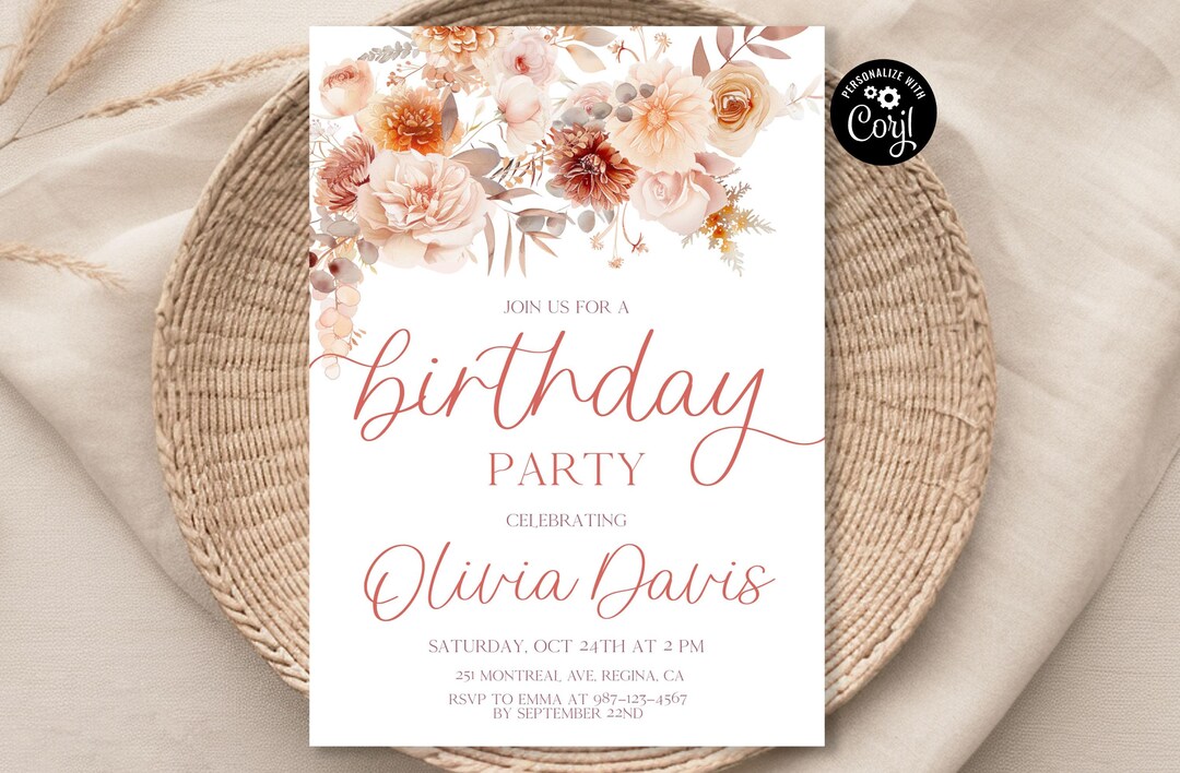 Fall Floral Birthday Invitation Boho Birthday Autumn Invite Fall ...