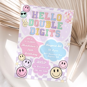 Hello Double Digits Birthday Invitation Template Groovy 10th Birthday ...
