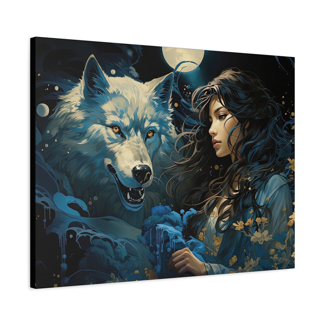 Fantasy Ice Wolf With Girl Illustration, Matte Canvas, Stretched, 1.25 ...