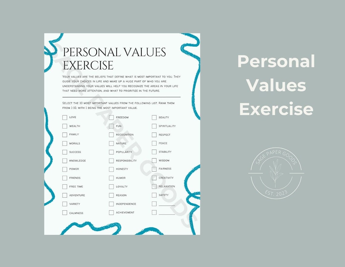 Personal Values Worksheet Digital Print Counselor & Therapist Resources ...