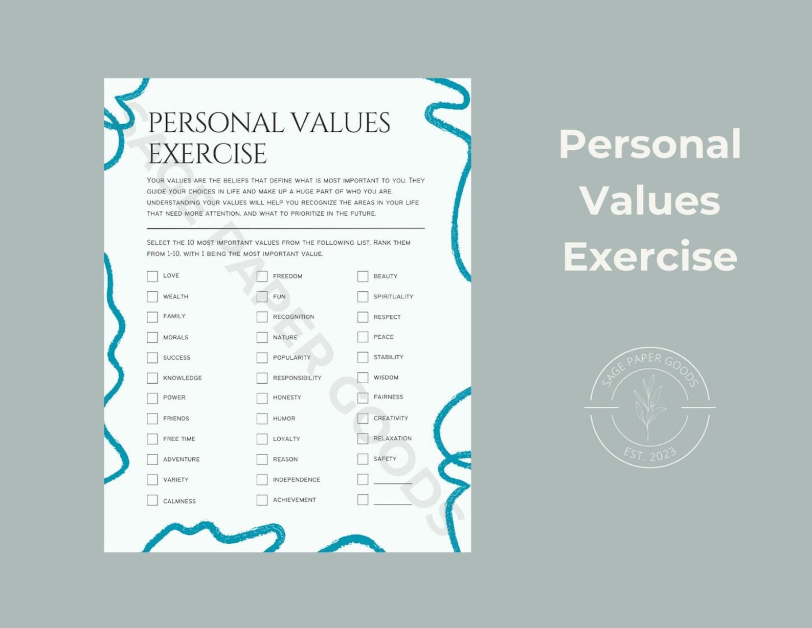 Personal Values Worksheet Digital Print Counselor & Therapist Resources ...