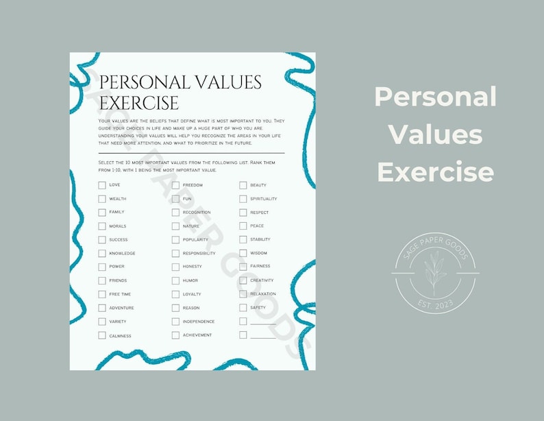 Personal Values Worksheet Digital Print Counselor & Therapist Resources ...