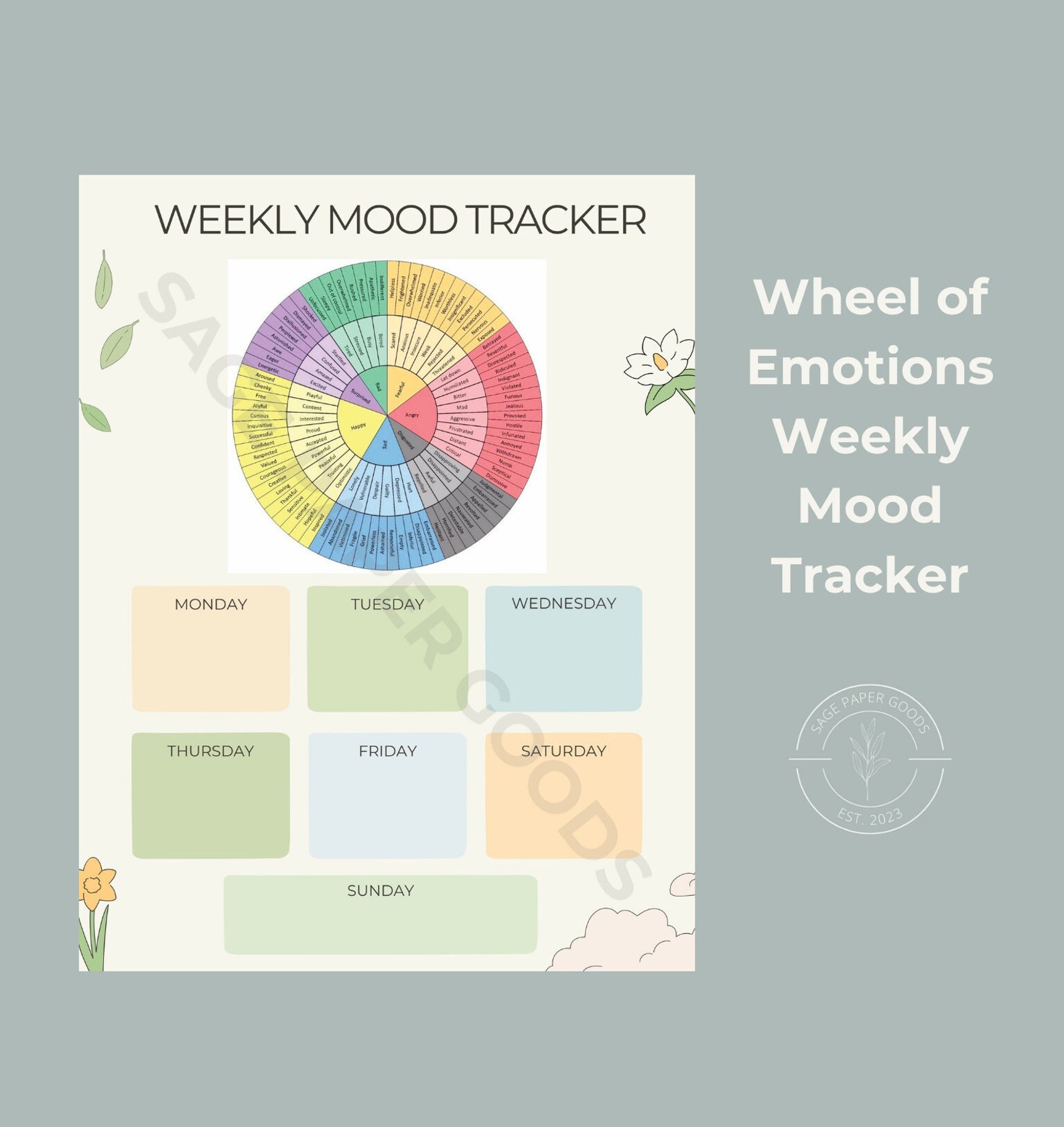 Wheel of Emotions Weekly Mood Tracker Digital Print Counselor ...