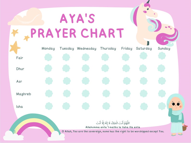 Muslim Pray Chart Printable for Girls-digital Print - 5 Daily Prays ...