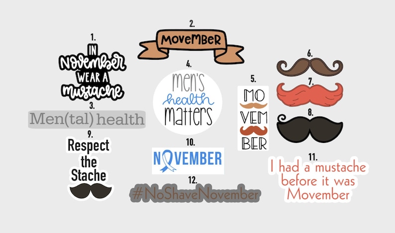Set of 12 Movember Stickers | Mustache Stickers for November | Journal ...