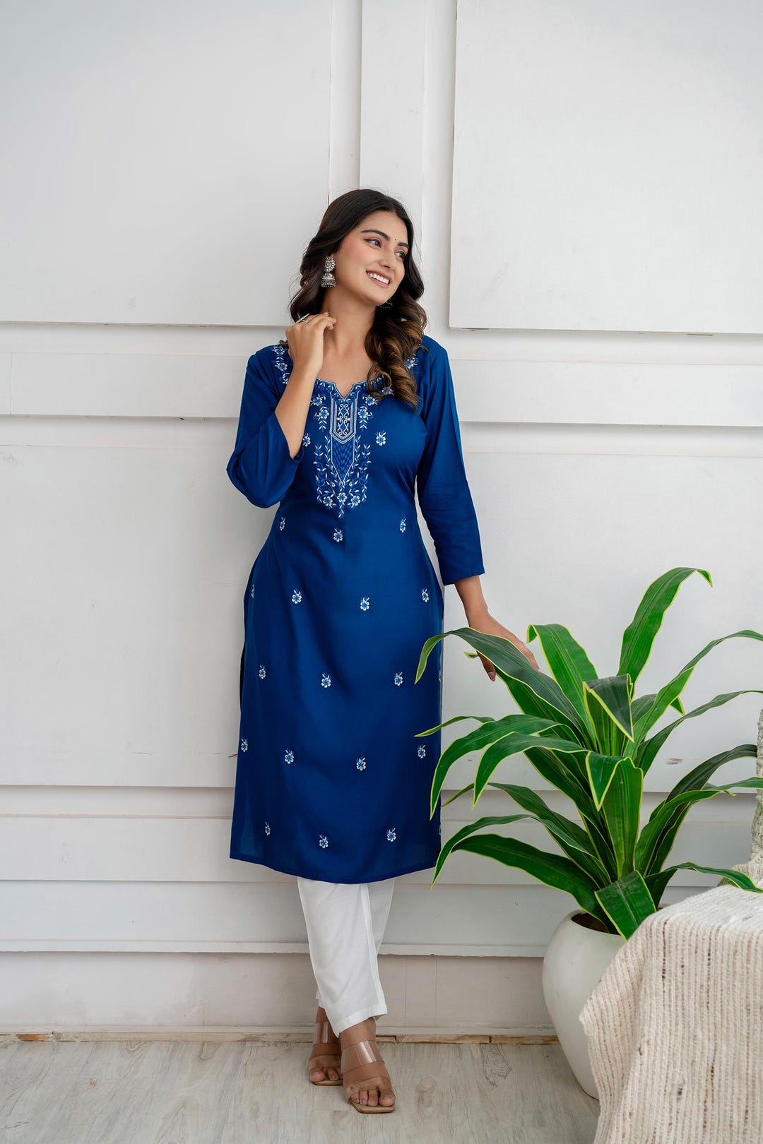 Women's Blue Rayon Kurti Pant Set: Embroidered Indian Outfit - Etsy