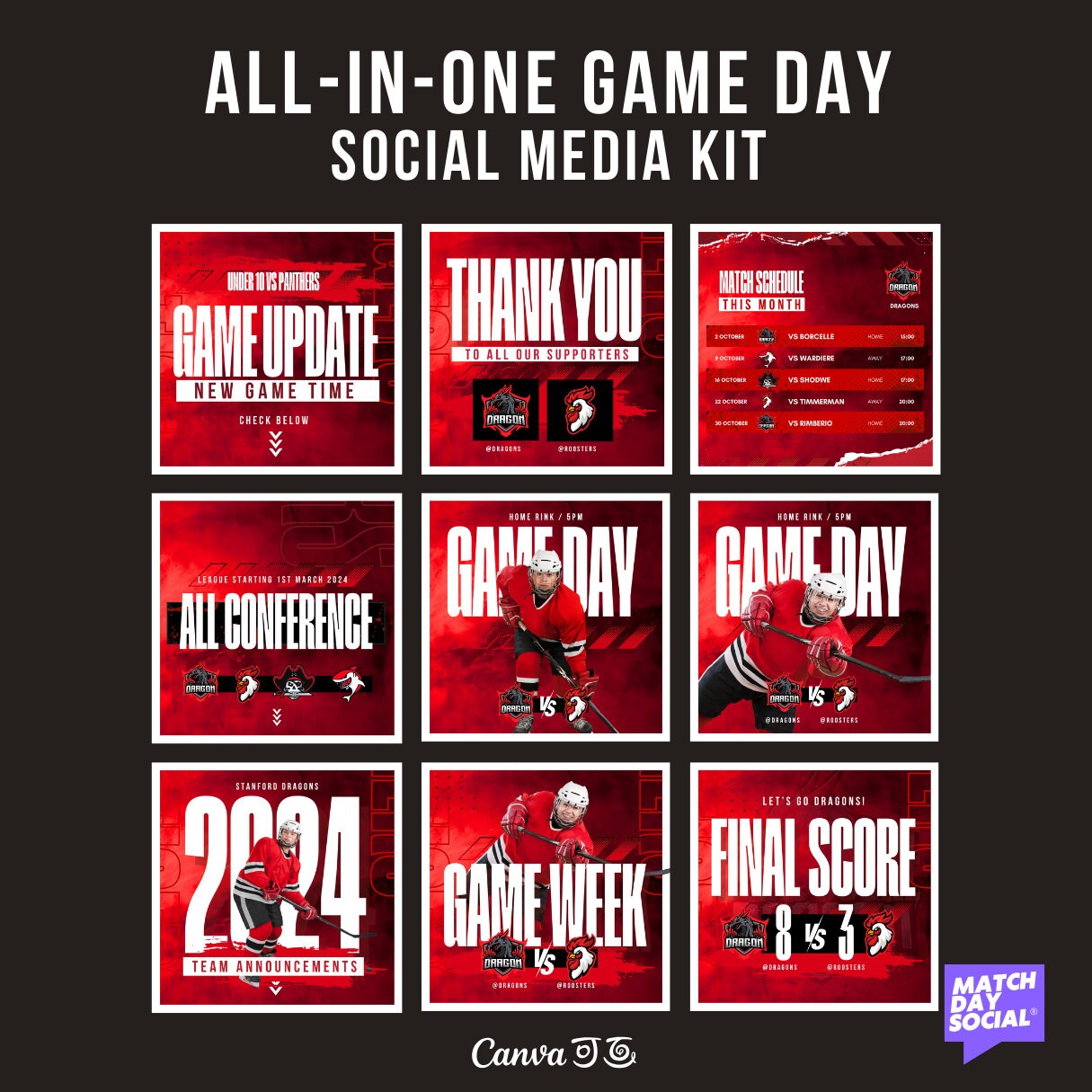 Sports Team Canva Instagram Templates 9 Graphics Gameday, Committed ...