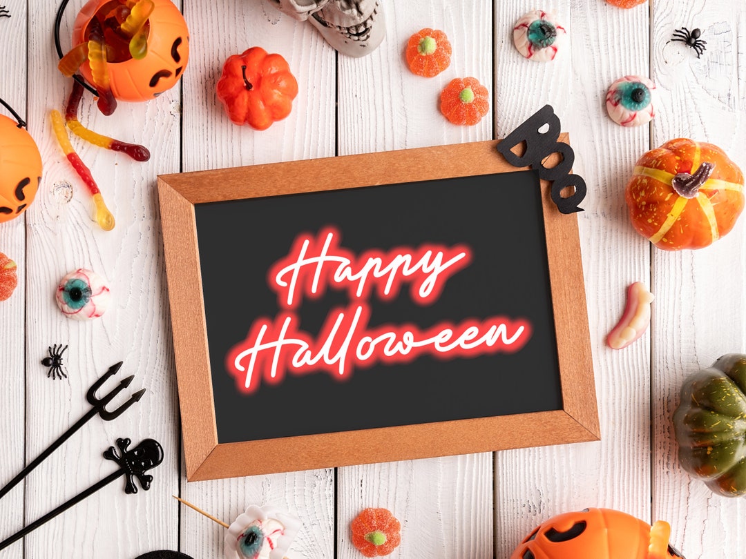 Neon Halloween Sign, Creepy Haunted House, Bright Retro Pumpkin ...