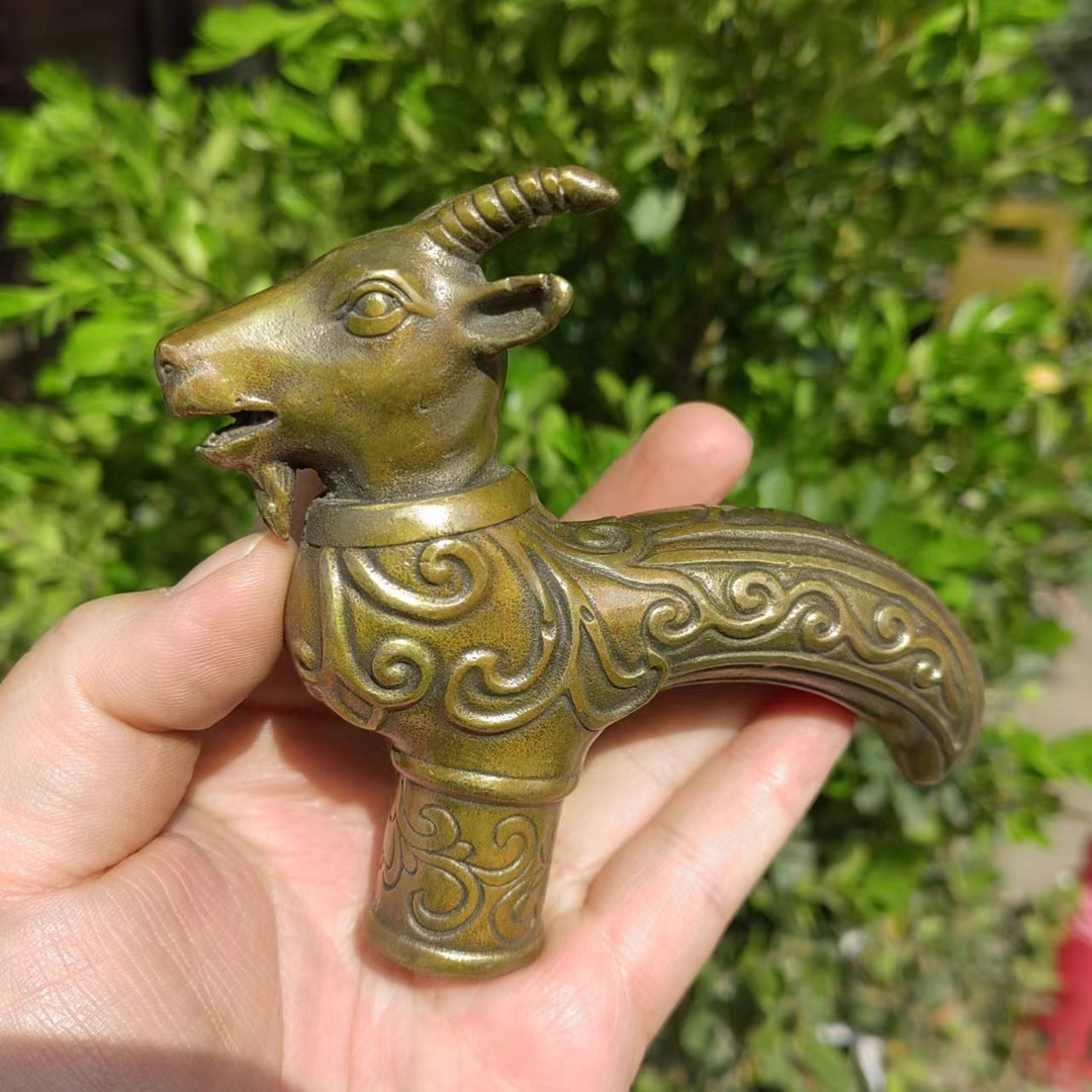Solid Copper Sheep Cane Ornament Antique Brass Face Handle Fine Vintage ...