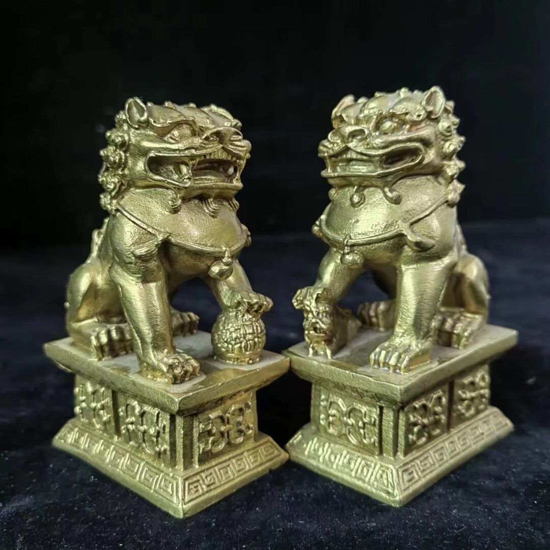 Pair Vintage Style Copper Foo Lion Statue Pair Signed,old Antiques ...