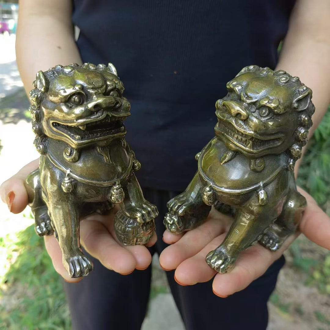 Asian Copper Evil Fu Foo Dog Lion Statue Pair Signed, Old Antiques ...