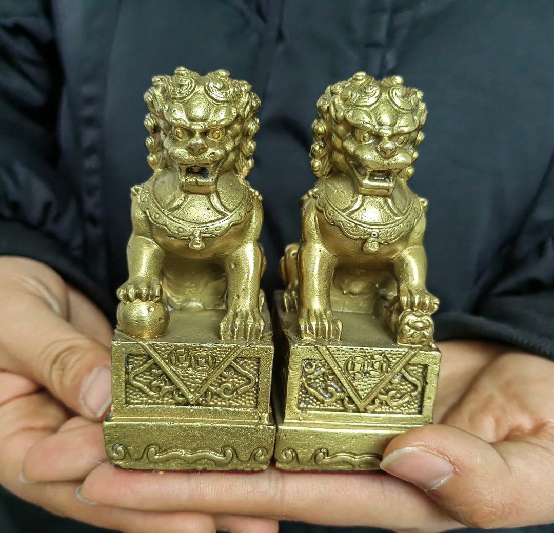 Vintage Style Copper Foo Lion Statue Pair, Signed Golden Fu Dog ...