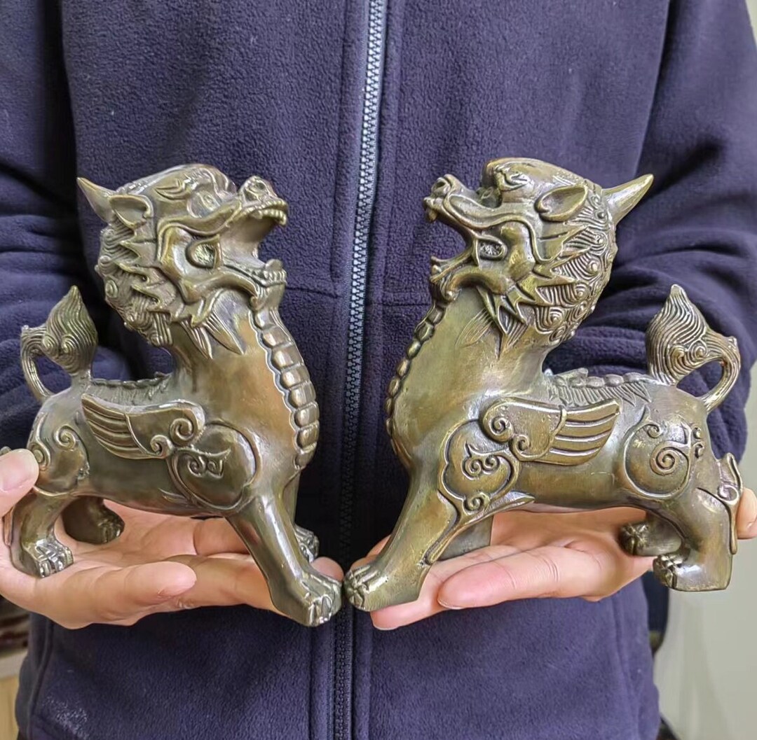 Pair Wealth Pixiu Statue Feng Shui Decor Kirin Pi Xiu, Copper Kylin ...