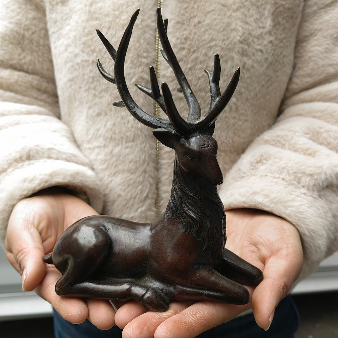 Peaceful Red Copper Deer Sculpture Model Figure Figurine Statue Decor Copper Decorative Lucky ...