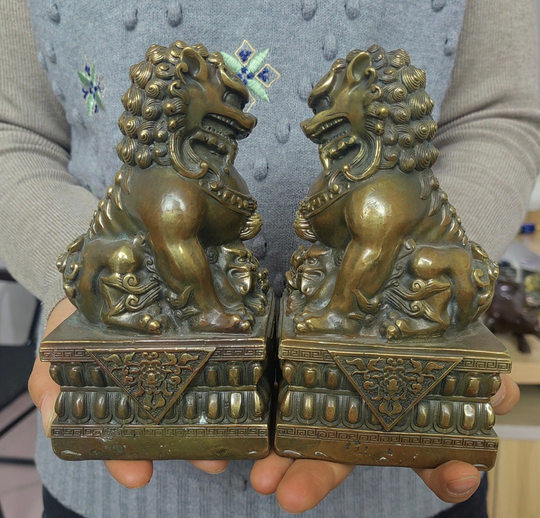 Pair Vintage Style Copper Fu Foo Lion Statue Pair Signed,old Antiques ...
