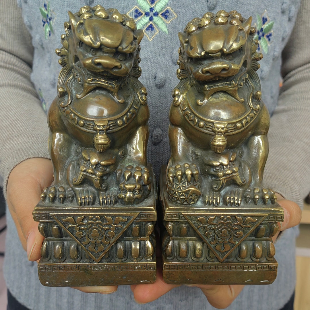 Pair Vintage Style Copper Fu Foo Lion Statue Pair Signed,old Antiques ...