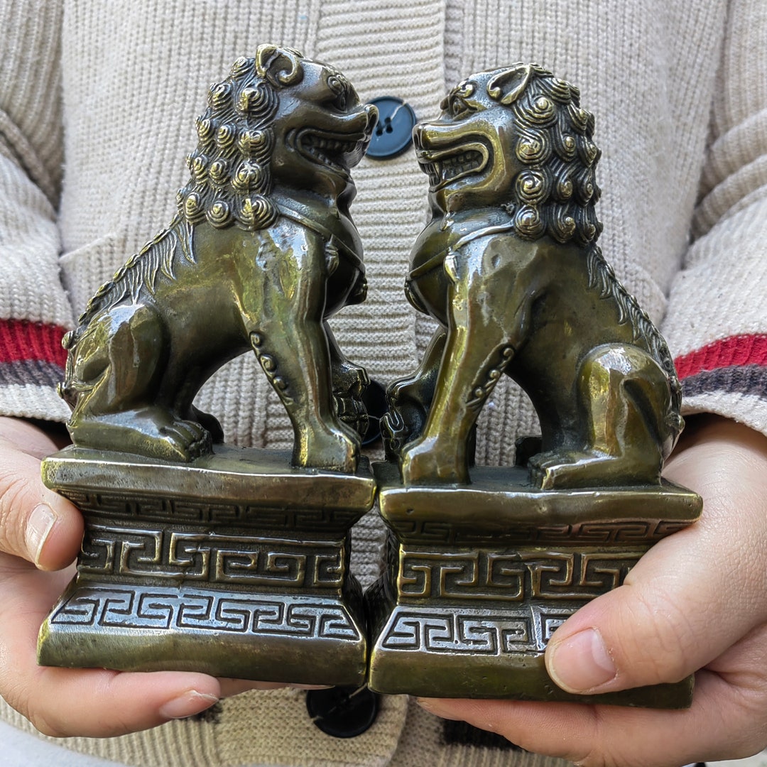 Unique Pair Vintage Style Copper Old Foo Lion Statue Pair Signed ...