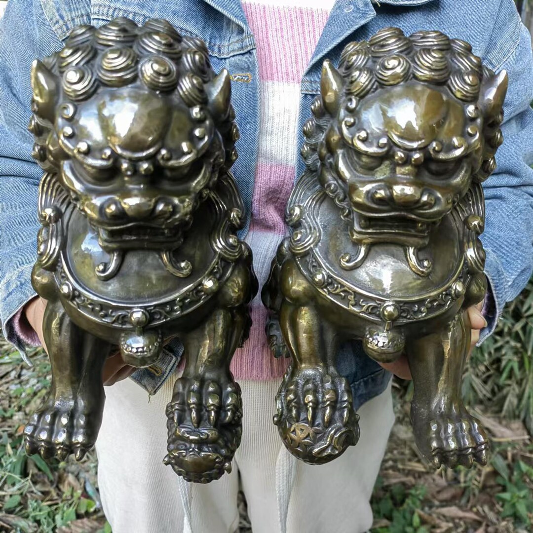 Pair Vintage Style Copper Fu Foo Lion Statue Pair Signed,old Antiques ...
