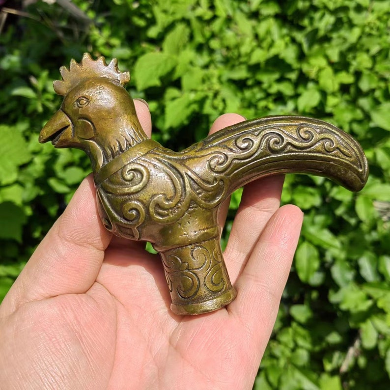 Solid Copper Rooster Head Cane Ornament Fence Tip Animal Chicken Handle ...