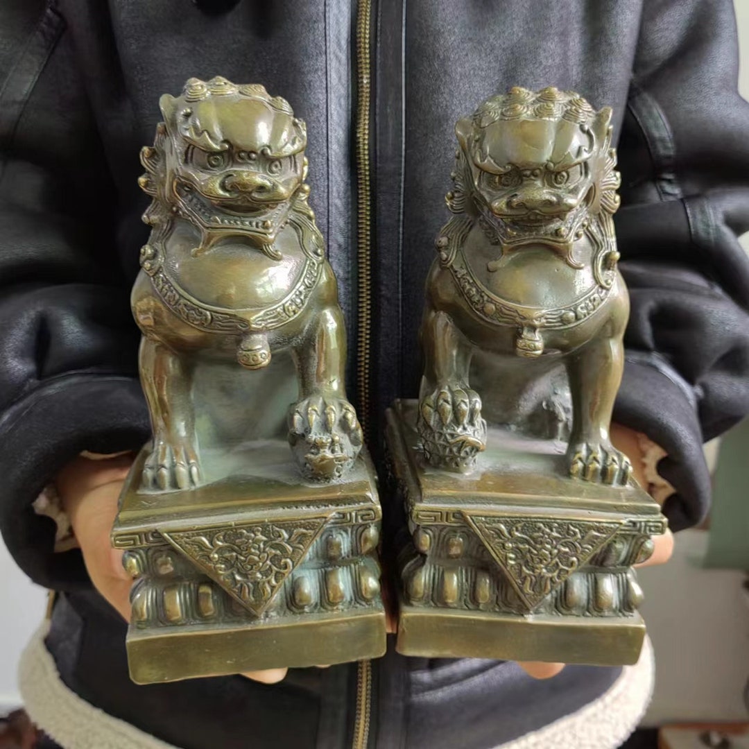 Pair Vintage Style Copper Fu Foo Lion Statue Pair Signed,old Antiques ...