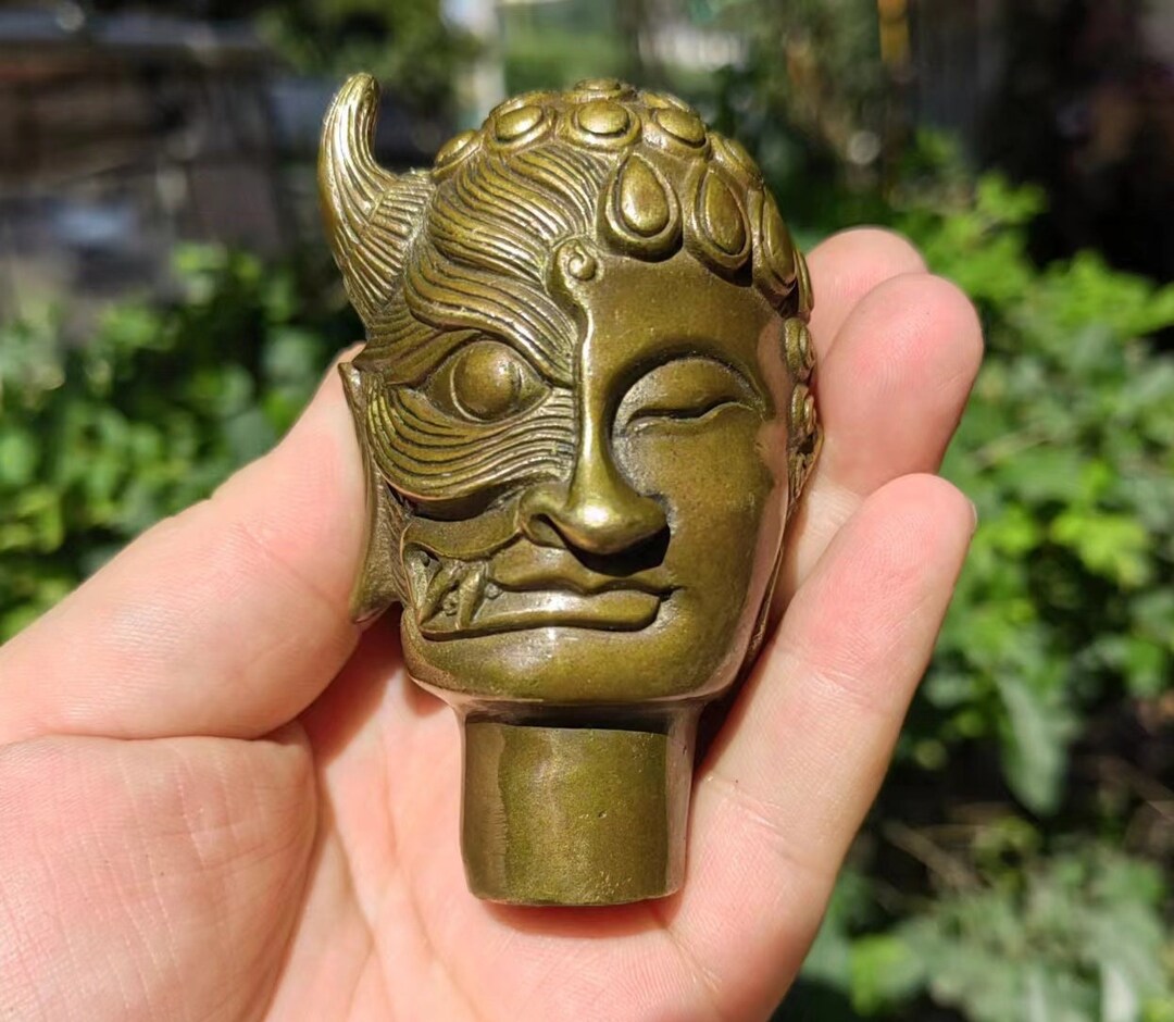 Solid Copper Buddha Head Cane Ornament Antique Brass Face Handle ...