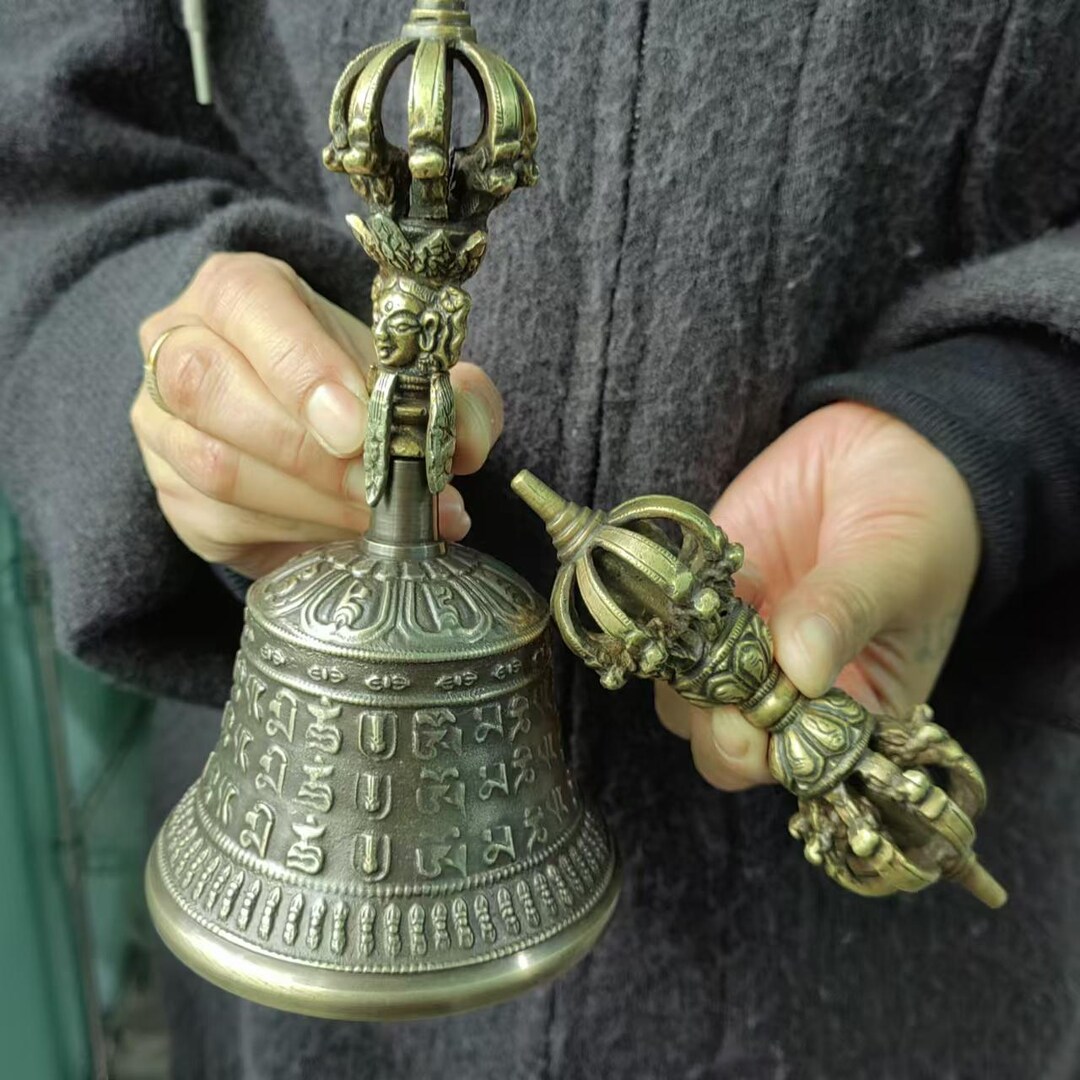 Set of 2,tibet Pure Copper Ring Bell King Kong Pestle Bronze Hand Bell ...