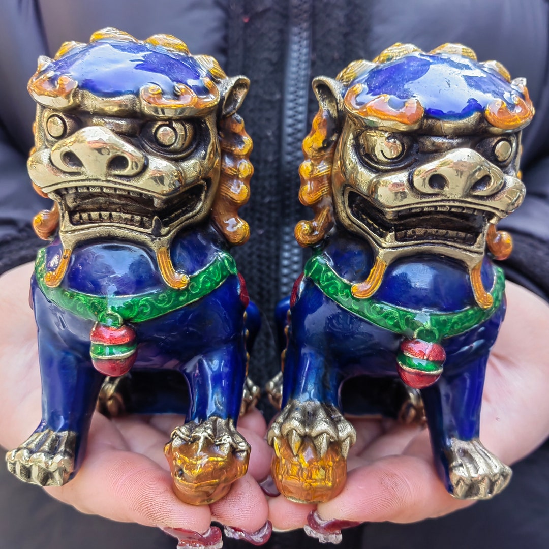 Pair Vintage Style Copper Fu Foo Lion Statue Pair Signed,old Antiques ...