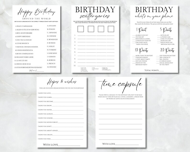 First Birthday Games Bundle, Modern Minimalist Party Activities ...