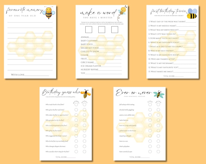 Bee First Birthday Games, Bee One 1st Birthday Party Games Bundle, One ...
