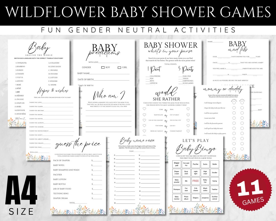 Wildflower Baby Shower Games, Floral Baby Shower Games Bundle, Gender ...