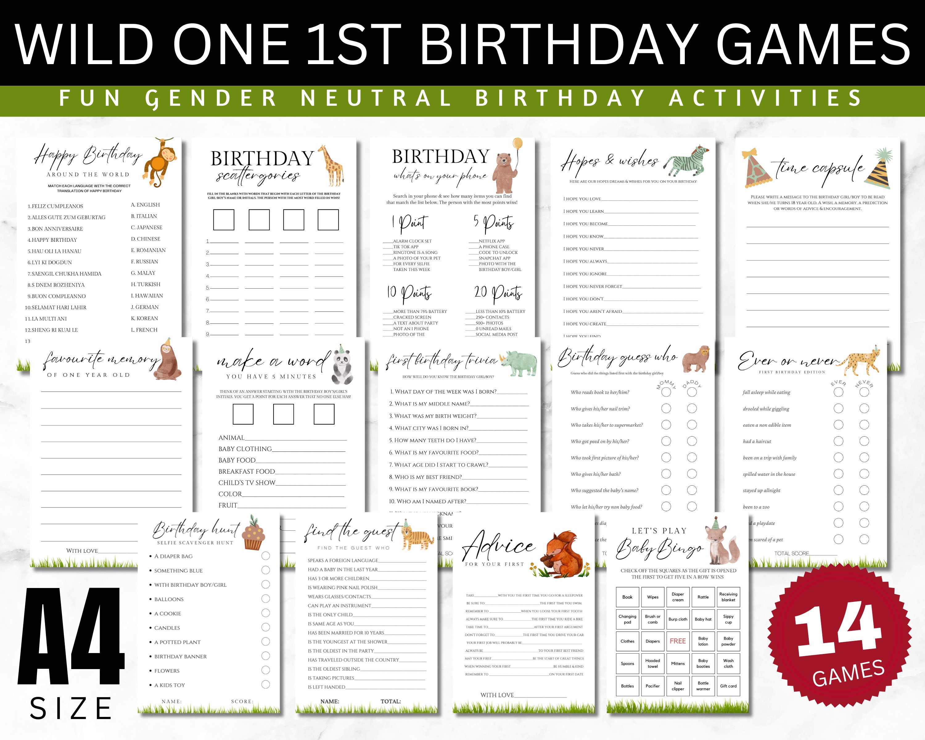 Wild One First Birthday Games, Safari 1st Birthday Games Bundle, Jungle ...