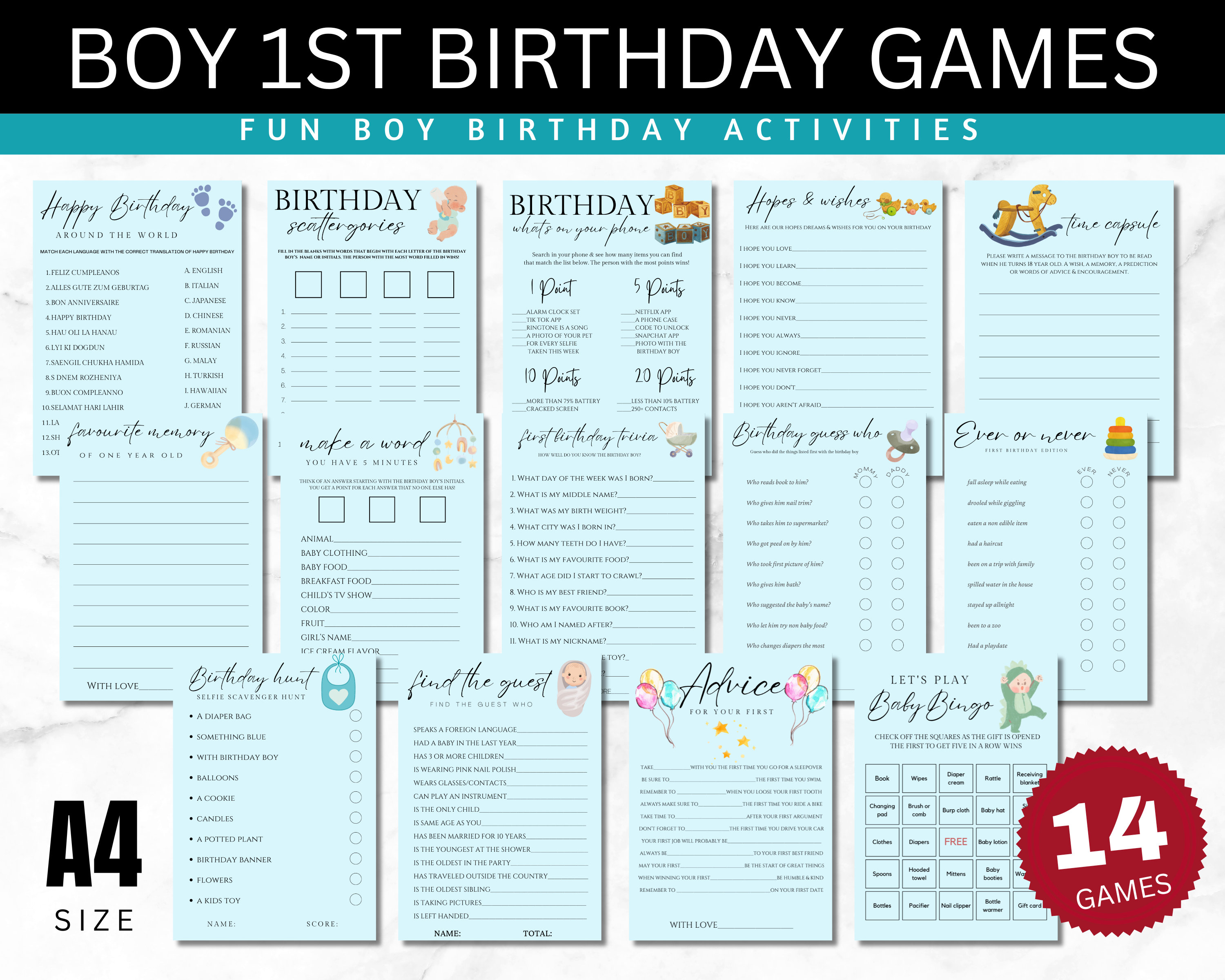 Boy First Birthday Games, Boy 1st Birthday Party Games Bundle, One Year ...