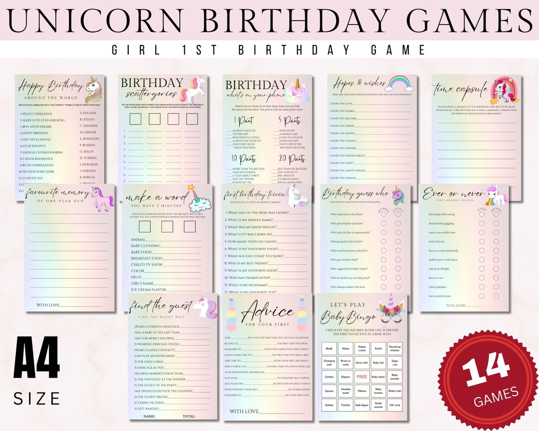 Unicorn Birthday Games Bundle, Girl First Birthday Games, Girl First ...