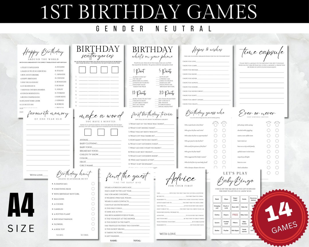First Birthday Games Bundle, Modern Minimalist Party Activities ...
