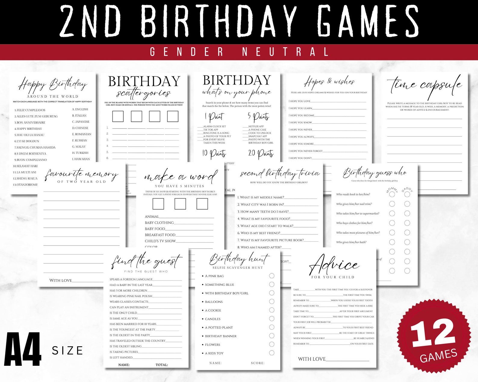 Second Birthday Games Bundle, Printable Party Activities (CANVA ...