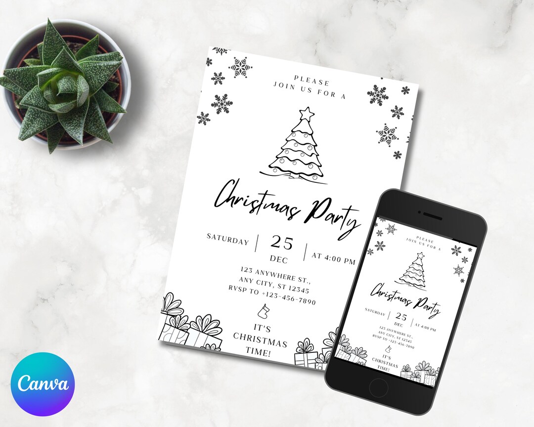 Black and White Christmas Party Invitation, Minimalist Design (digital ...