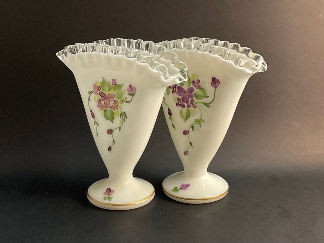 Two 2 Fenton Silvercrest Hand Painted Milk Glass Fan Vases, Violets in ...