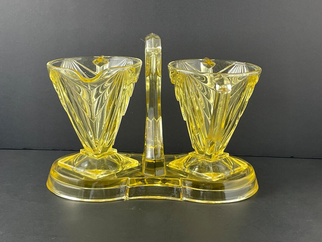 Art Deco Yellow Amber Depression Glass Creamer Sugar With Tray ...
