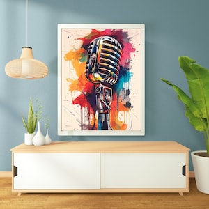 Microphone Graffiti Wall Decor, Microphone Watercolor Print Music Wall ...